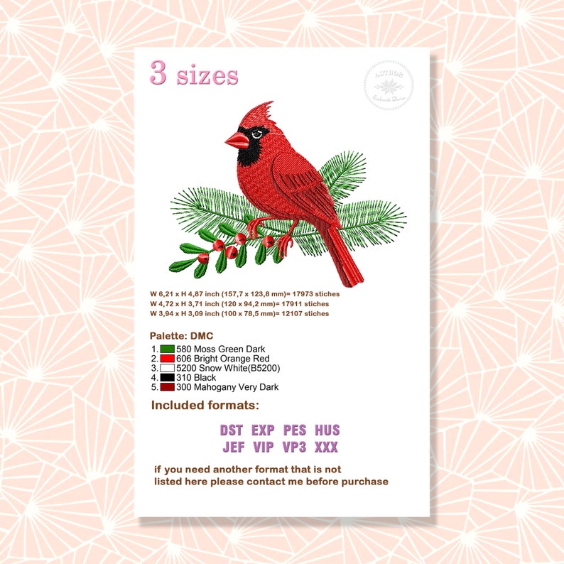 Cardinal Embroidery Design, Christmas Machine Embroidery Pattern 3 Size ...