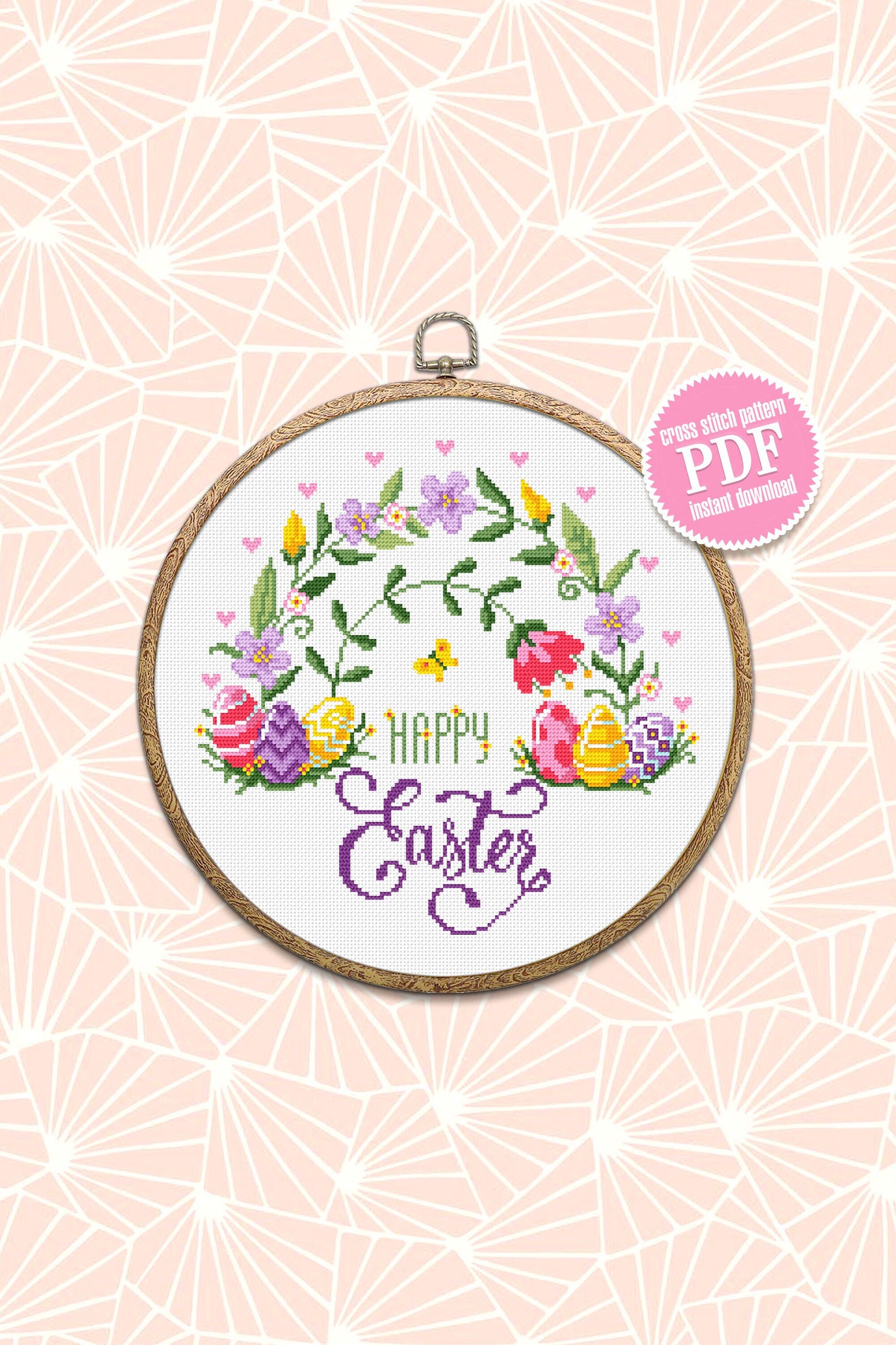 Happy Easter Cross Stitch Pattern PDF Floral Rainbow Cross - Etsy