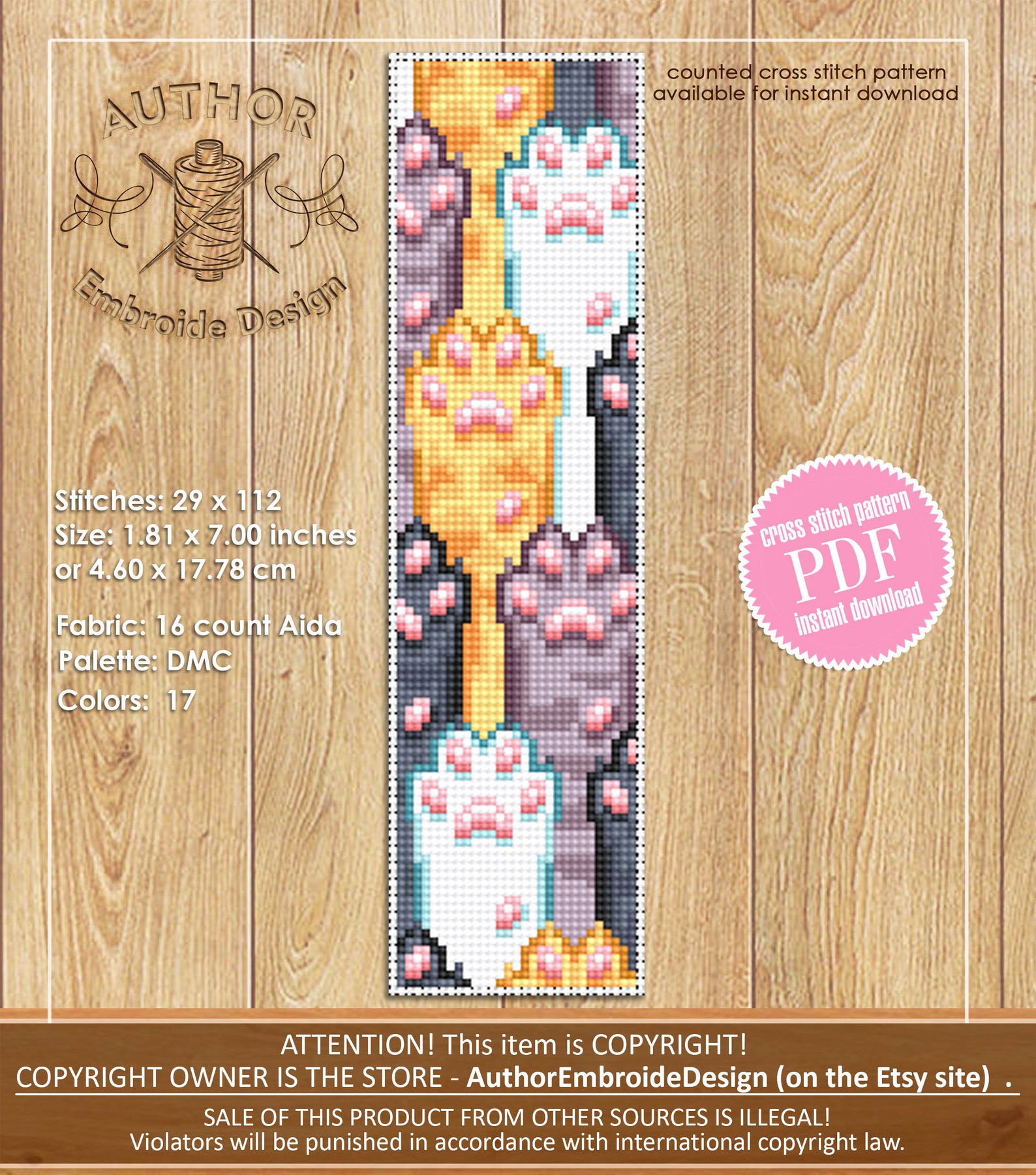 Cat Bookmark Cross Stitch Pattern PDF Download Cat Paws Cross Stitch ...