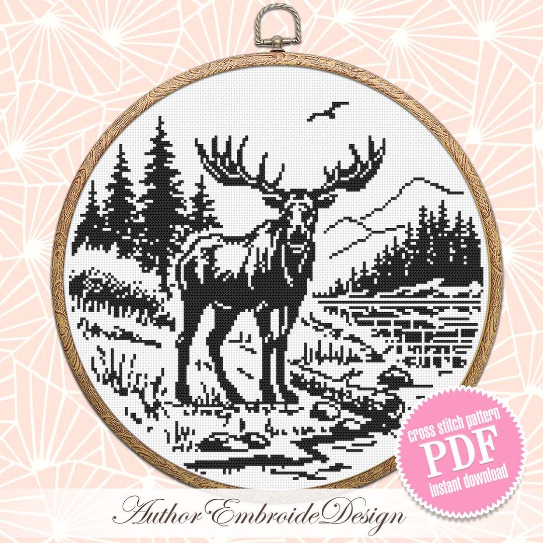 Woodcut Elk Cross Stitch Pattern PDF Download Deer Cross Stitch Chart ...