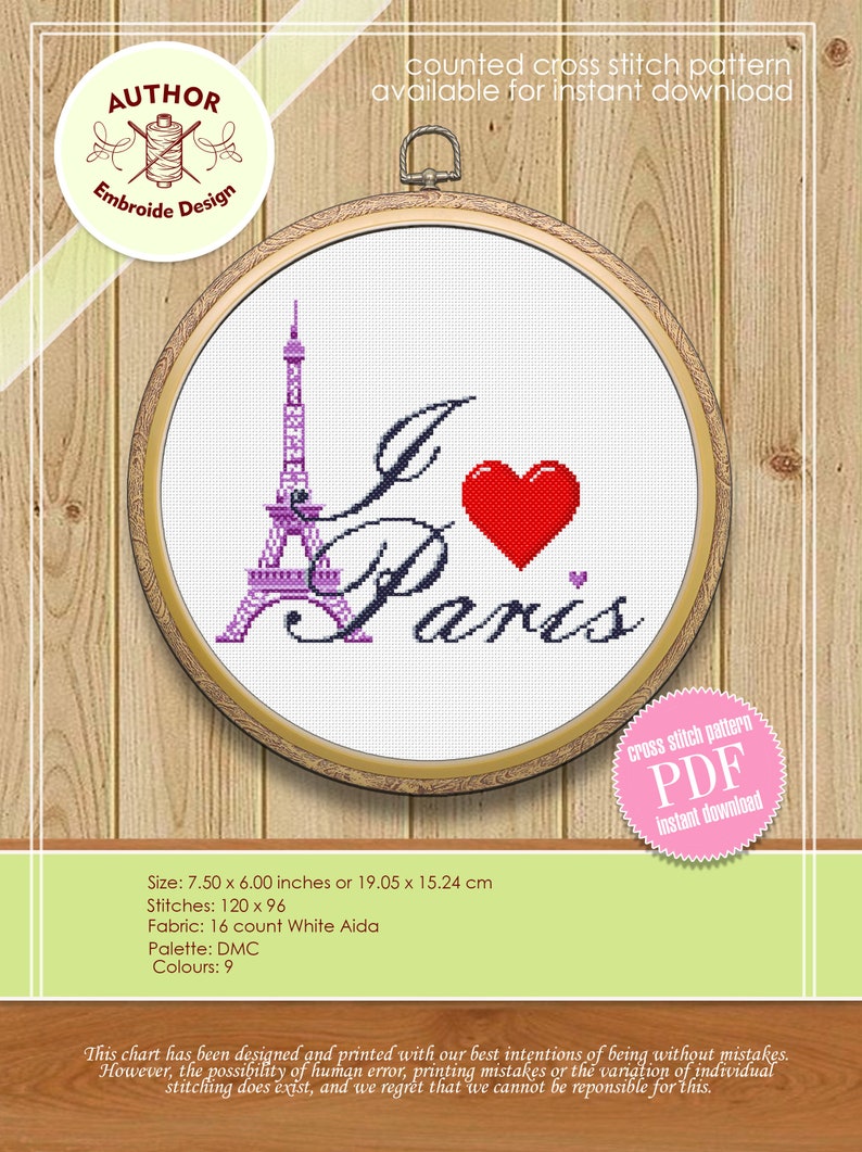I Love Paris Cross Stitch Pattern Download PDF Eiffel Tower Cross ...