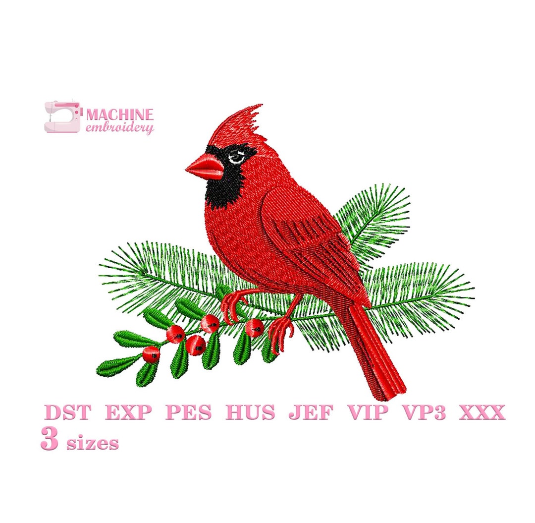 Cardinal Embroidery Design, Christmas Machine Embroidery Pattern 3 Size ...