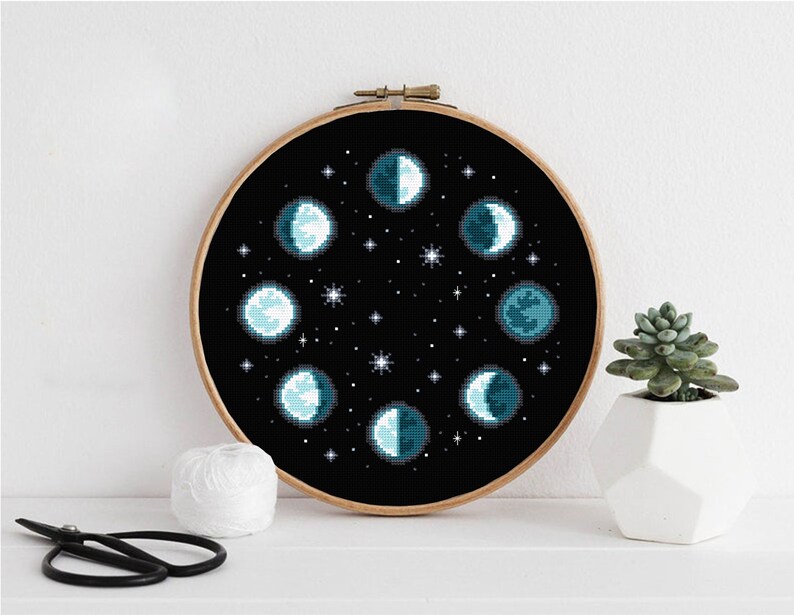 Moon Phases Cross Stitch Pattern Download PDF Space Cross Stitch, Lunar Pattern PDF, Simple ...