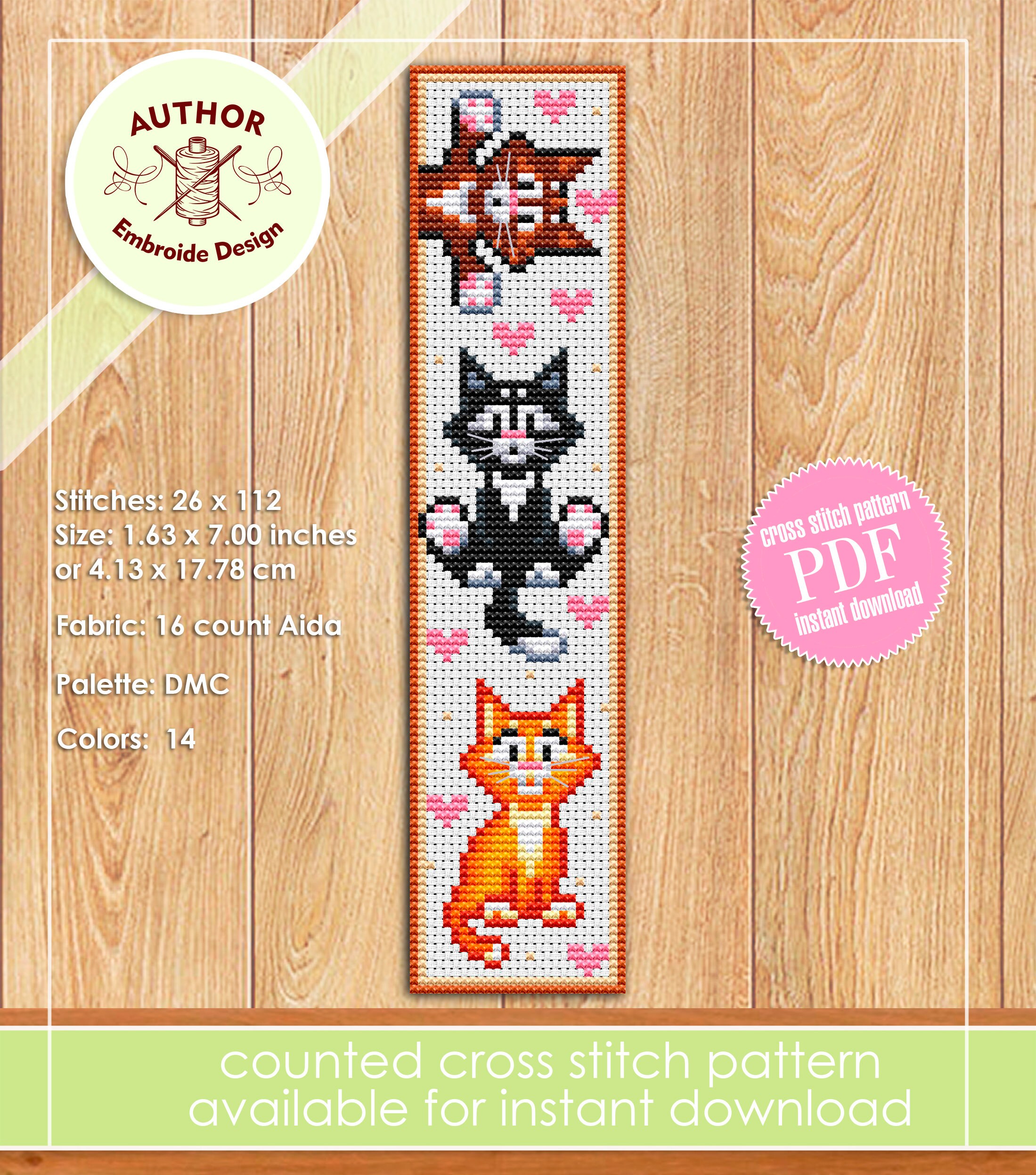 Modern Bookmark Cat Cross Stitch Pattern Digital PDF Handmade Bookmark ...