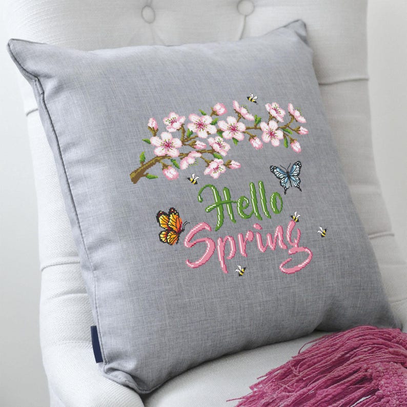 Hello Spring Cross Stitch Pattern PDF Download Cherry Blossom Cross ...