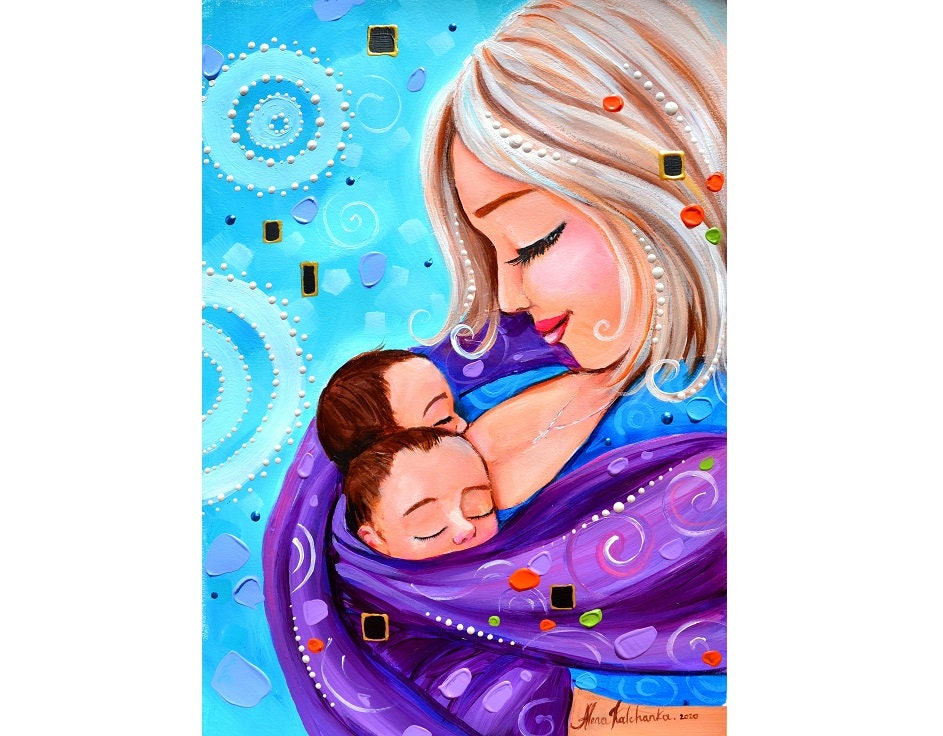 Original Painting Twins Babies Maternity Art, Mother With Sons, Blonde ...