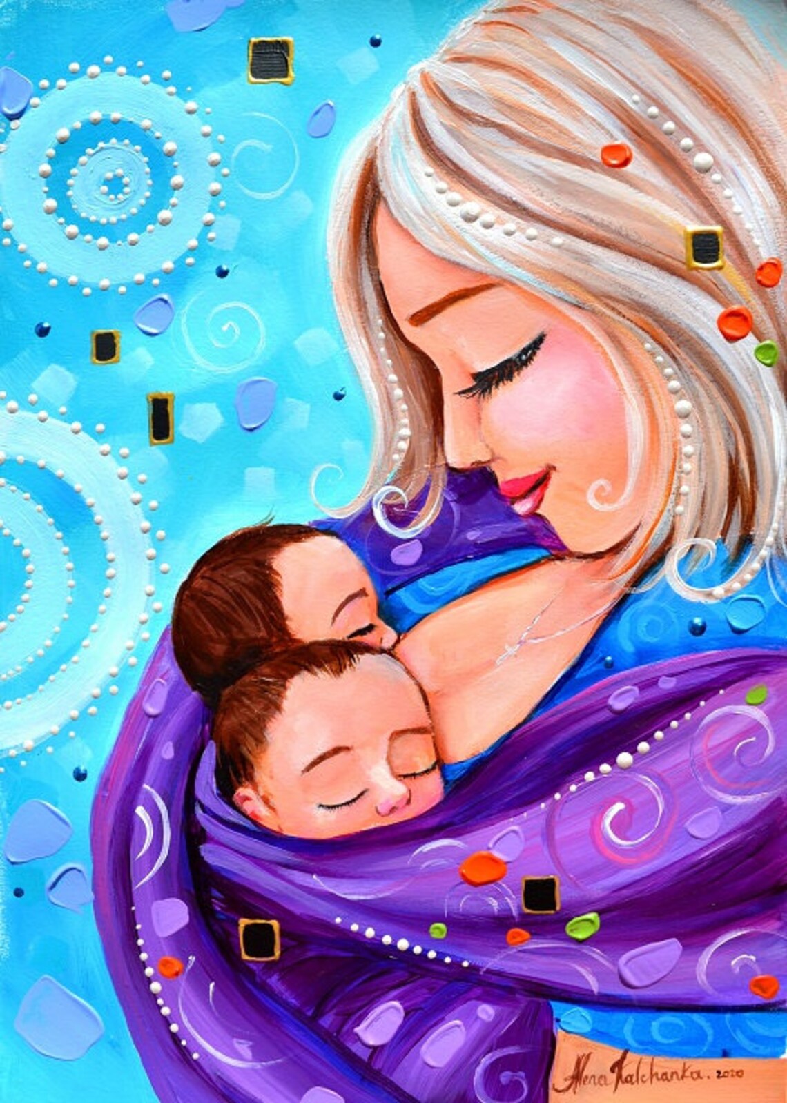 Original Painting Twins Babies Maternity Art, Mother With Sons, Blonde ...