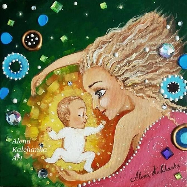 Original Painting Maternity Framework Mom and Two Children Babywearing ...