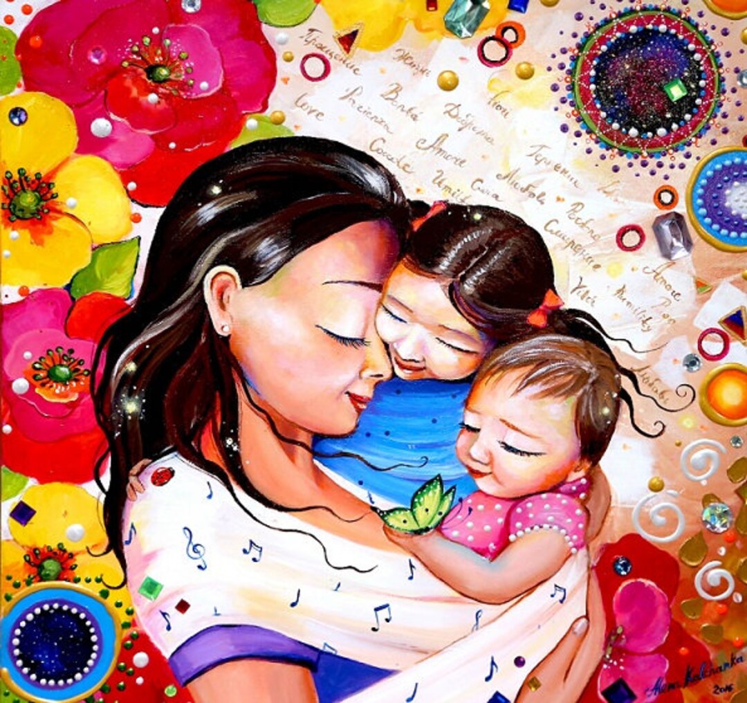Original Painting Maternity Framework Mom and Two Children Babywearing ...