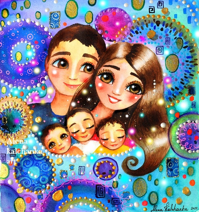 Family With Three Children Art, Print Three Children Wall Art Large ...