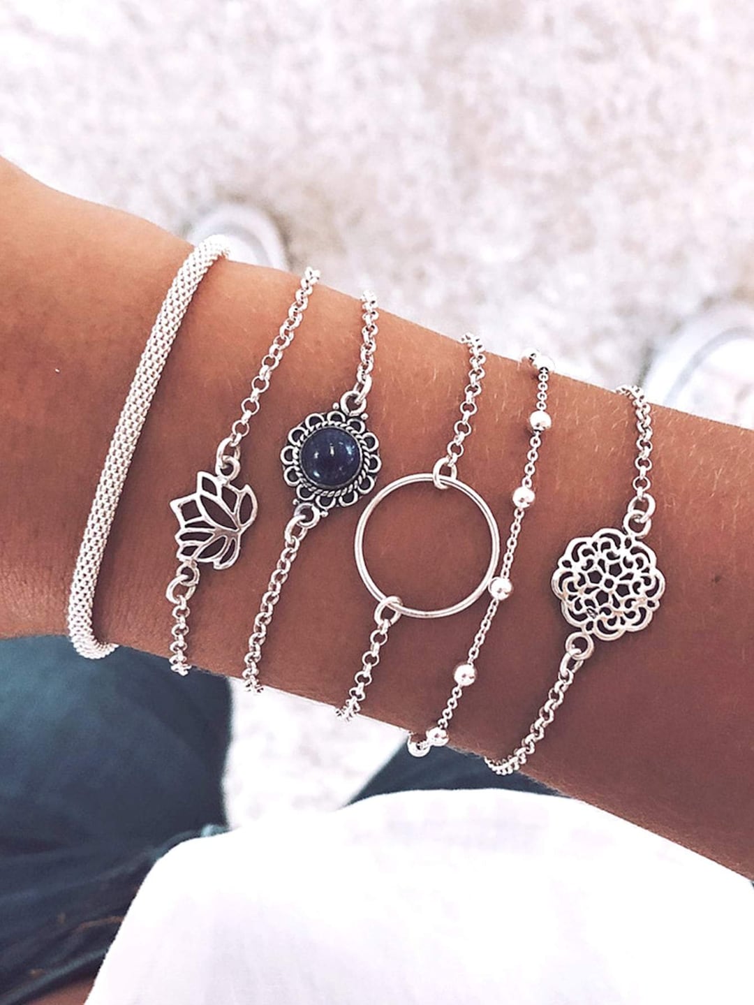 Silver Lotus Beads Circle Bracelets Lot for Women / Set of Six Boho ...