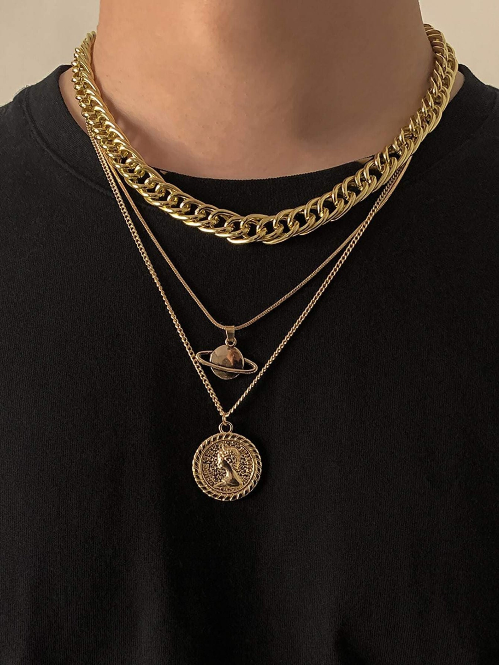 Multi Row Gold Chain Neptune Medal Necklace for Men | Etsy