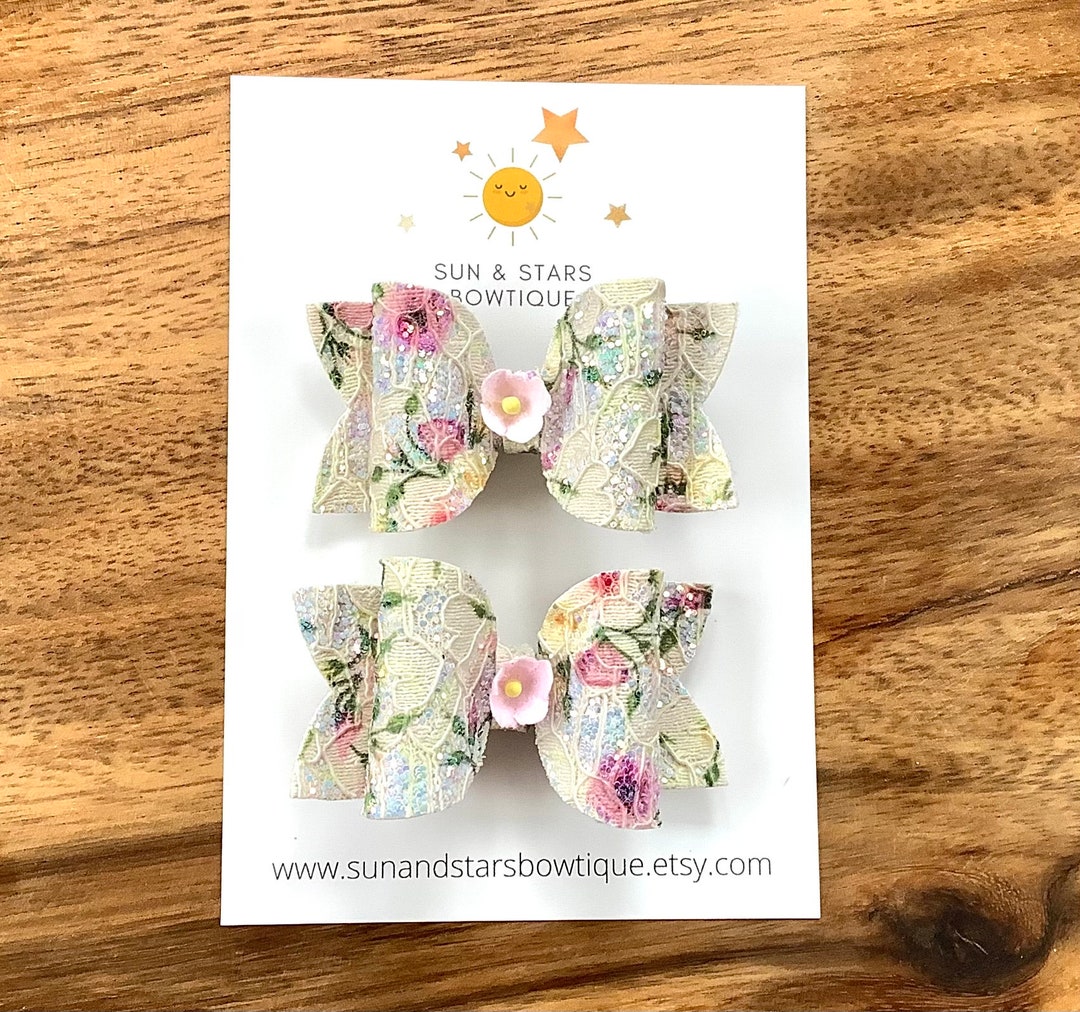 Sparkly Floral Pigtail Bows, Spring Pigtail Bows, Flower Charm Pigtail ...