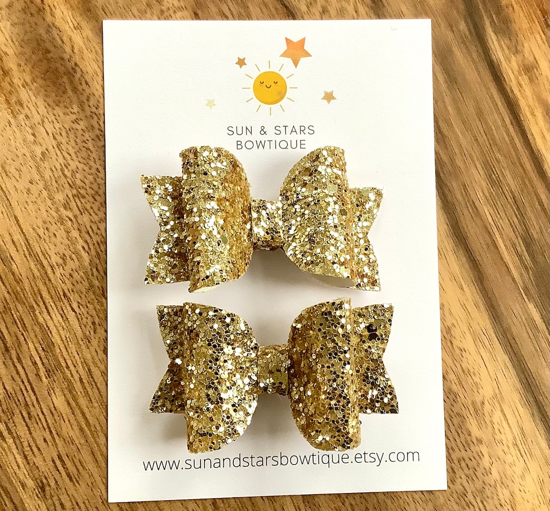 Sparkly Gold Pigtail Bows, Pale Gold Pigtail Bows, Glitter Bows, Gift ...