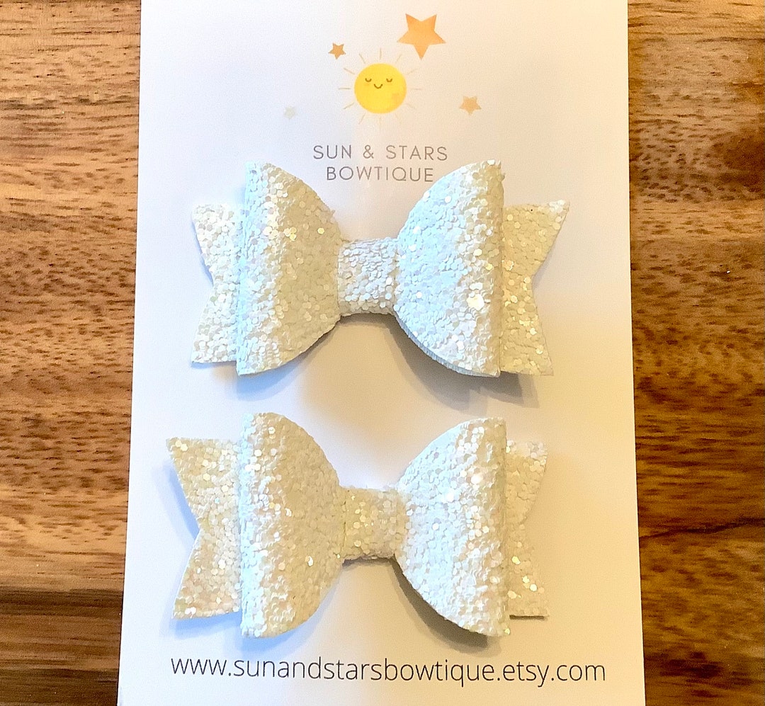 Iridescent White Glitter Pigtail Bows: Mini Holiday Hair Bows - Etsy