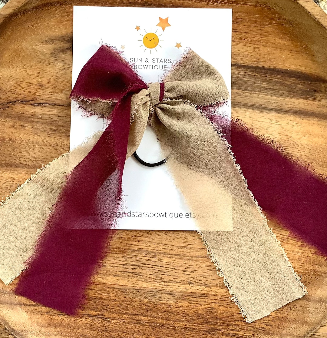 Frayed Ribbon Hair Bow,burgundy and Tan,hair Bow,chiffon Silk Ribbon ...
