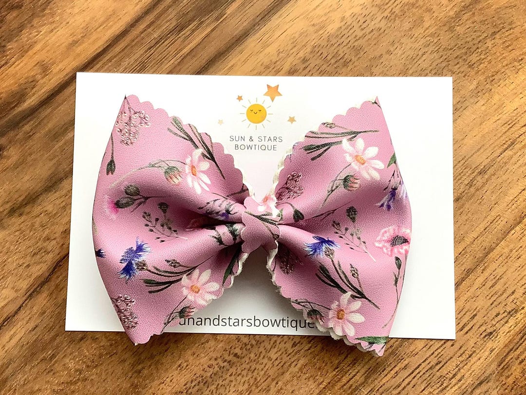 Purple Floral Scalloped Hair Bow, Faux Leather Pinch Bow - Etsy
