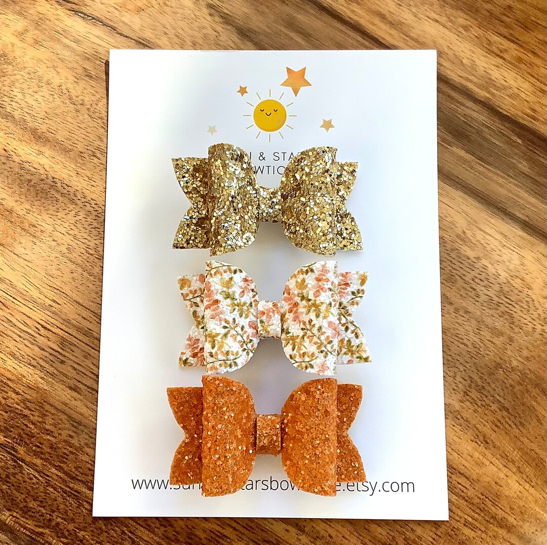 Sparkly Fall Hair Bow Set, Burnt Orange, Gold, Floral, Mini Hair Bows ...