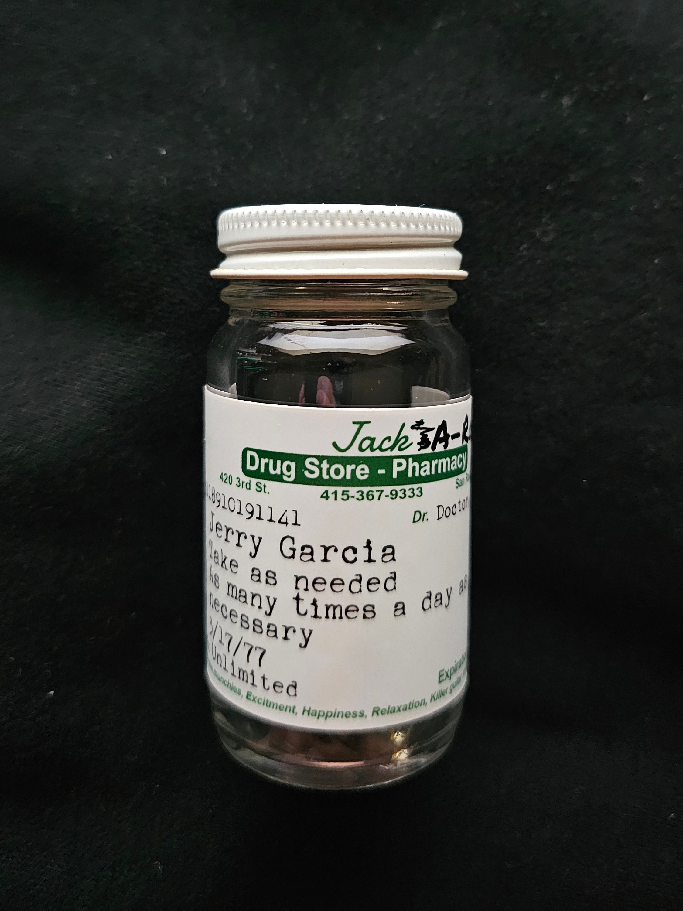 Grateful Dead Jerry Garcia 2oz Round Glass Scrip Stash Jar 1.5x3.5, JGB ...