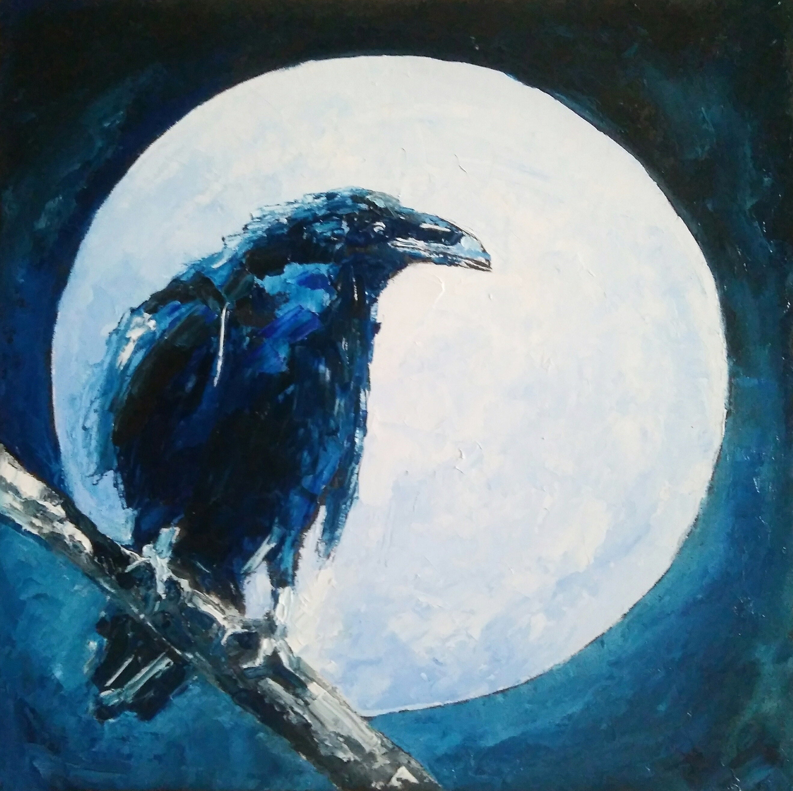 Crow Painting Original Raven Art Bird Artwork Moon Painting by | Etsy