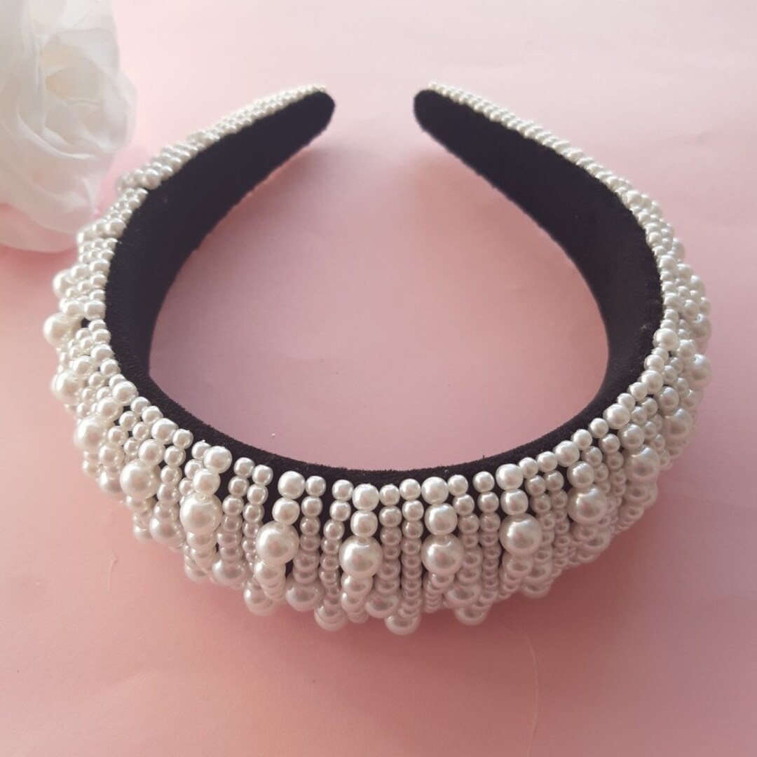 White Pearl Headband Plush Vintage Hair Band Padded Pearls Head Band