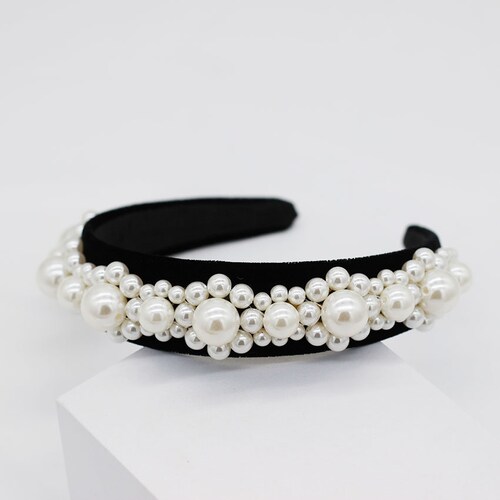 White Pearl Headband Plush Vintage Hair Band Black Pearls - Etsy