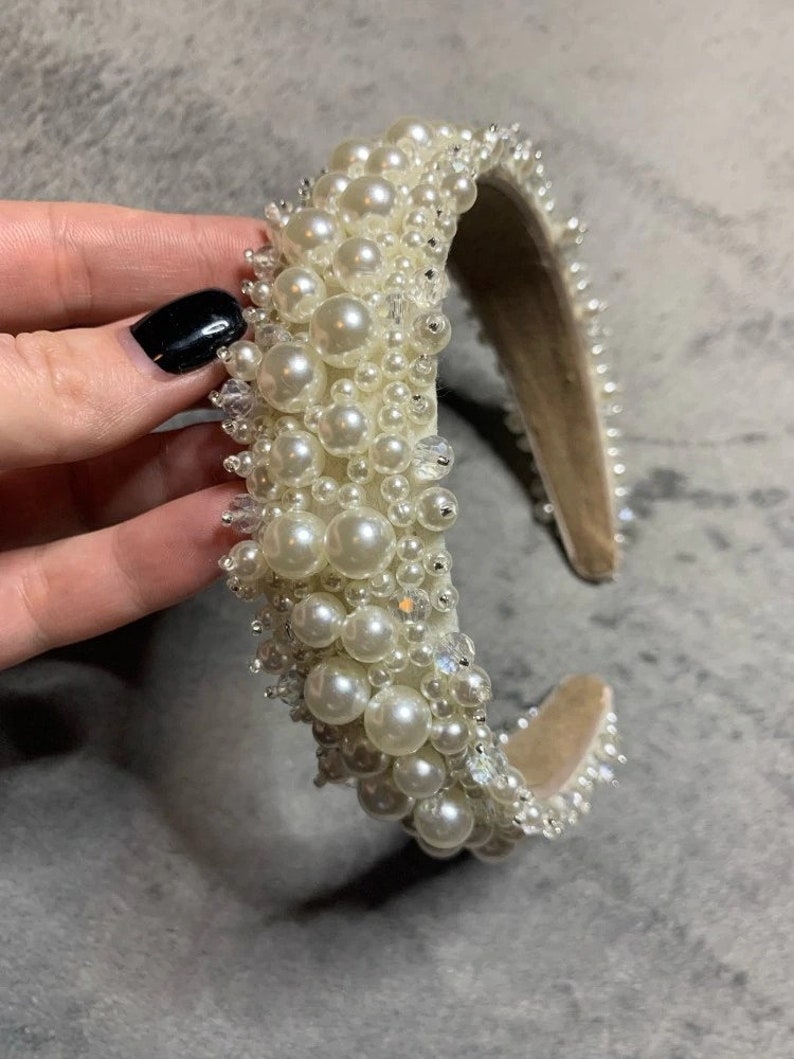 White Pearl Headband Plush Vintage Hair Band Wedding Pearls - Etsy