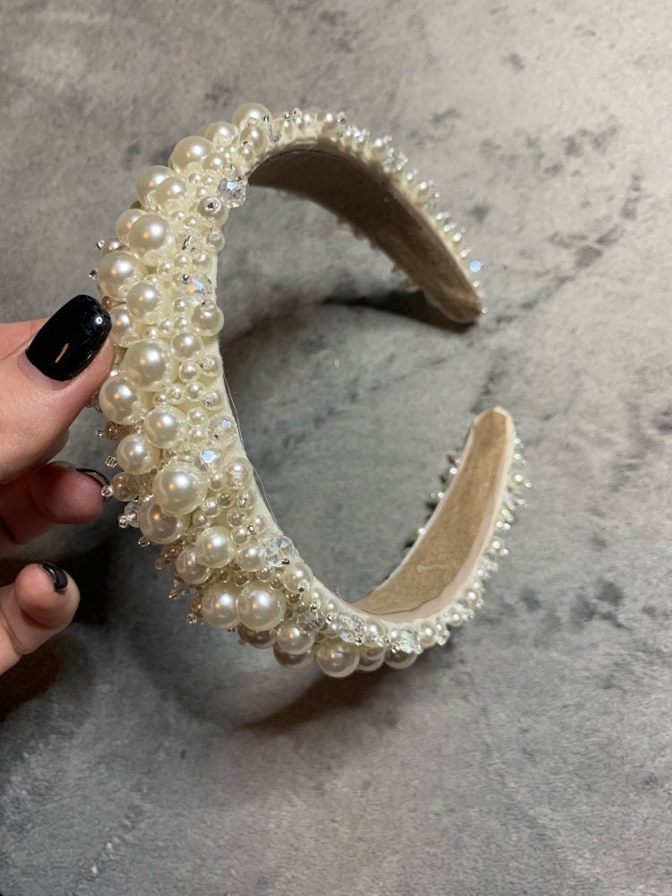 White Pearl Headband Plush Vintage Hair Band Pearls Head | Etsy