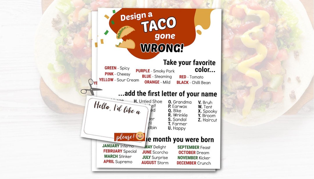Design a Taco Gone Wrong! Funny Taco Kids Birthday Party Game Activity ...