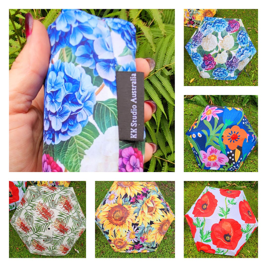 Mini- Pocket- Compact Size Rain Umbrella- Botanical Print- Native Flora ...