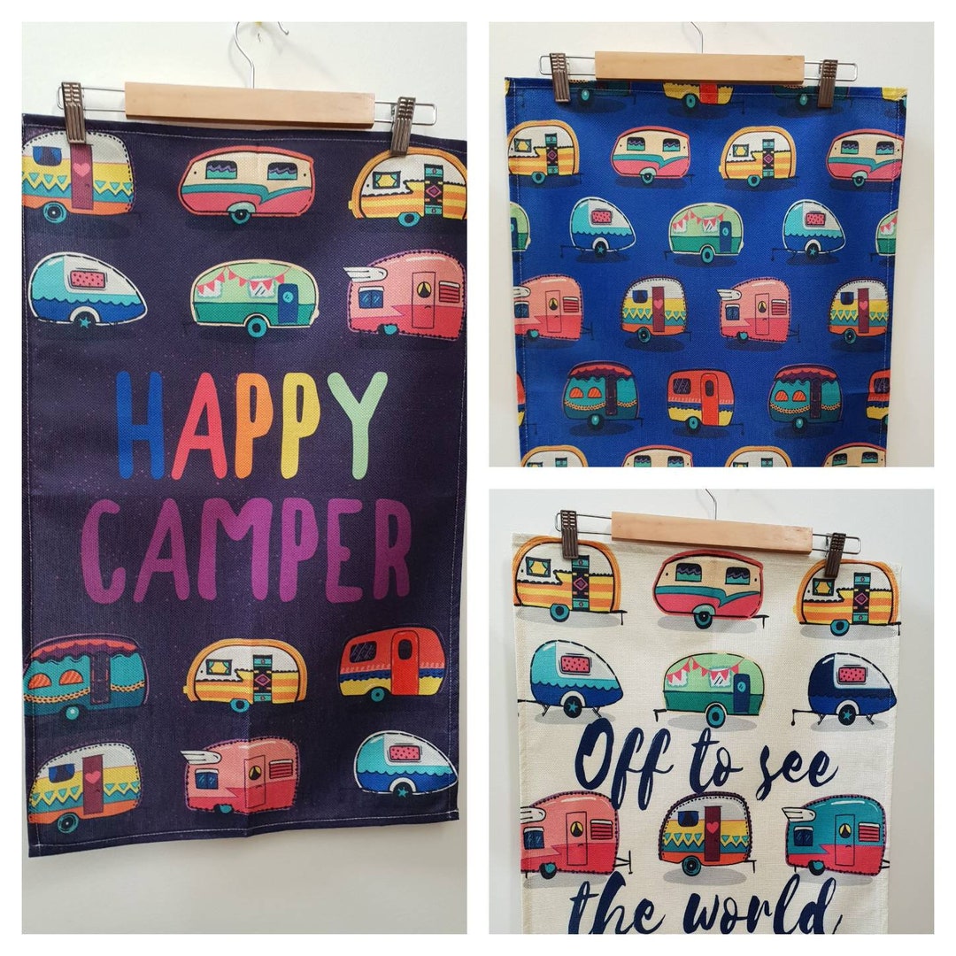 Caravana Tea Towels Caravan Decor Gift Idea Handmade Happy Camper Retro ...