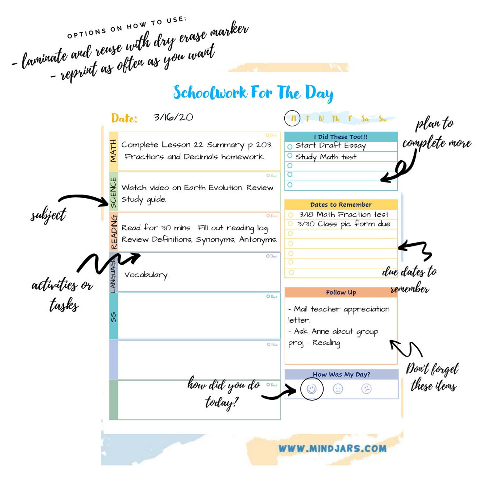 Printable Weekly Daily Kids Student Planner Schedule | Etsy