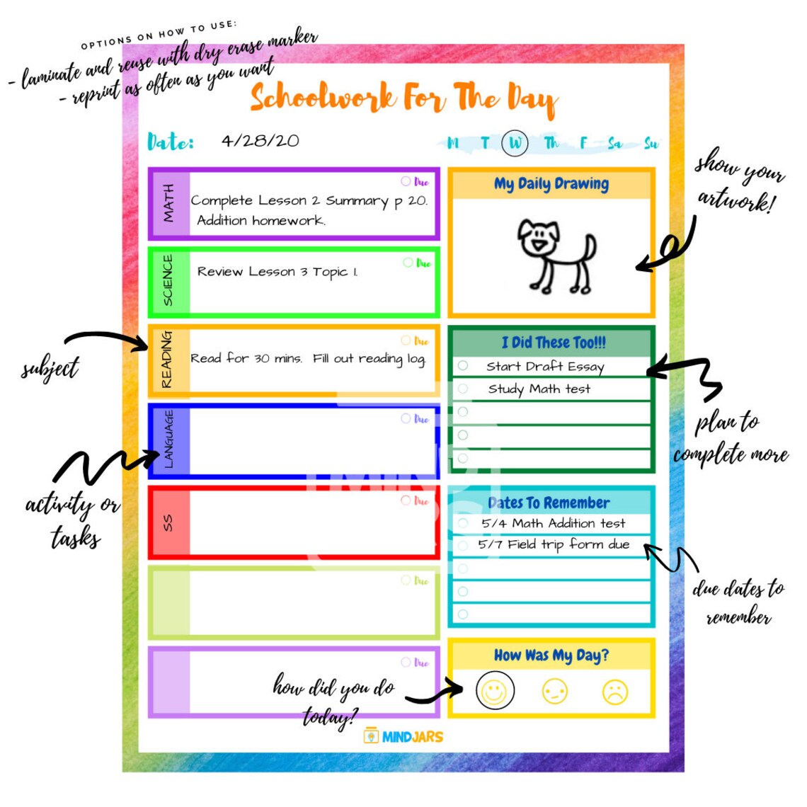 Student Planner Printable Kids Daily Schedule Rainbow Weekly Planner ...