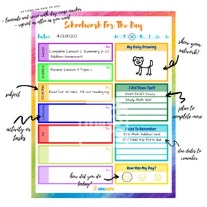 Student Planner Printable Kids Daily Schedule Rainbow Weekly Planner ...