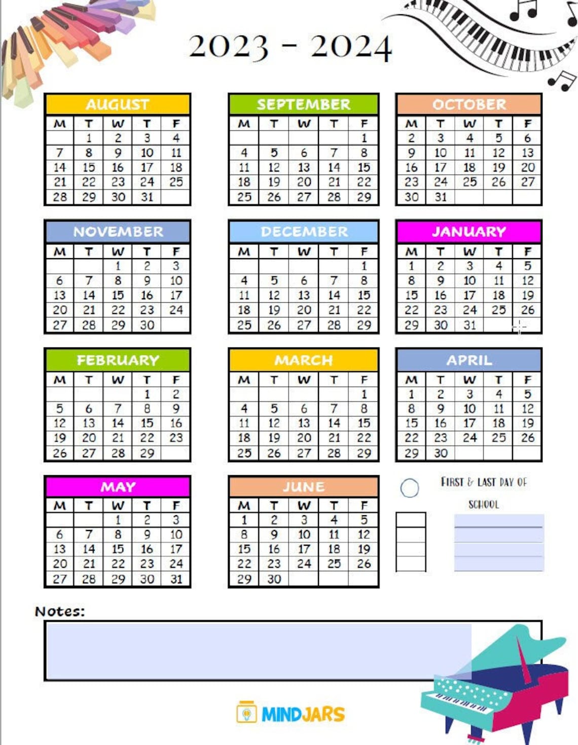 EDITABLE Music Theme 2023-2024 Academic Calendar Year One Page Overview ...