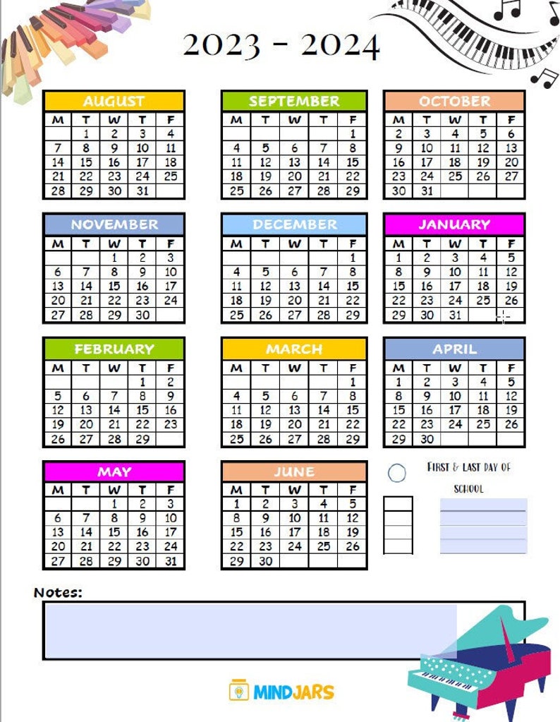 EDITABLE Music Theme 2023-2024 Academic Calendar Year One Page Overview ...