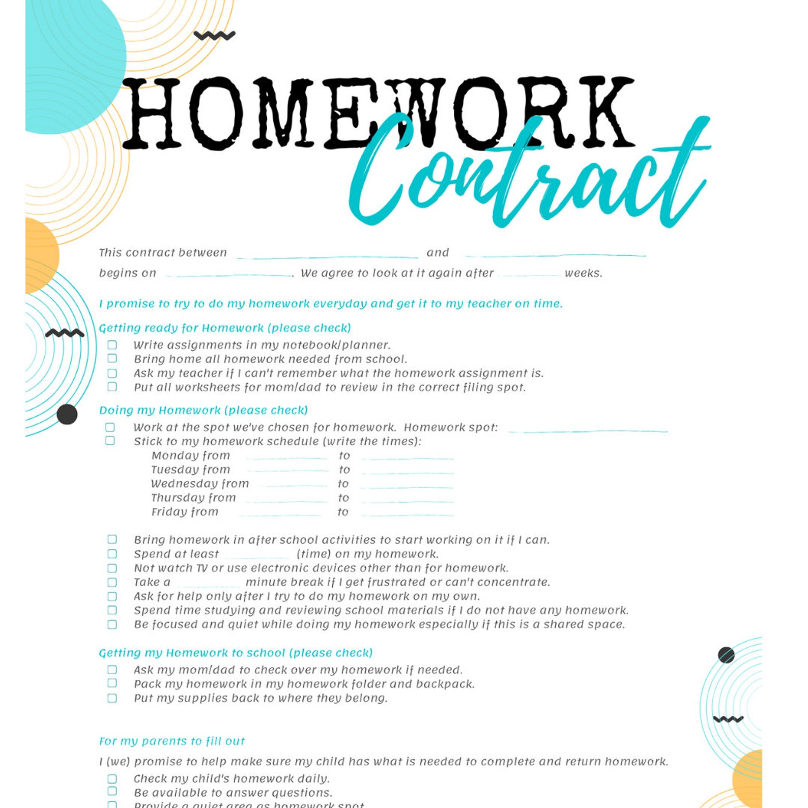 Homework Contract for Kids (PDF) - Printable Parents and Student ...