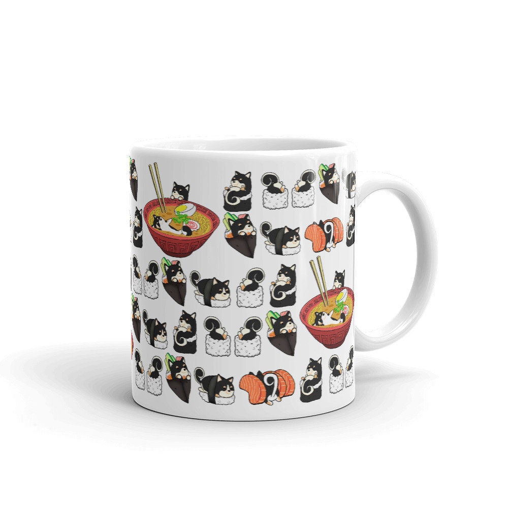 BLACK SHIBA MUG: Chubby Black Shiba Inu Sushi Pattern on Premium ...