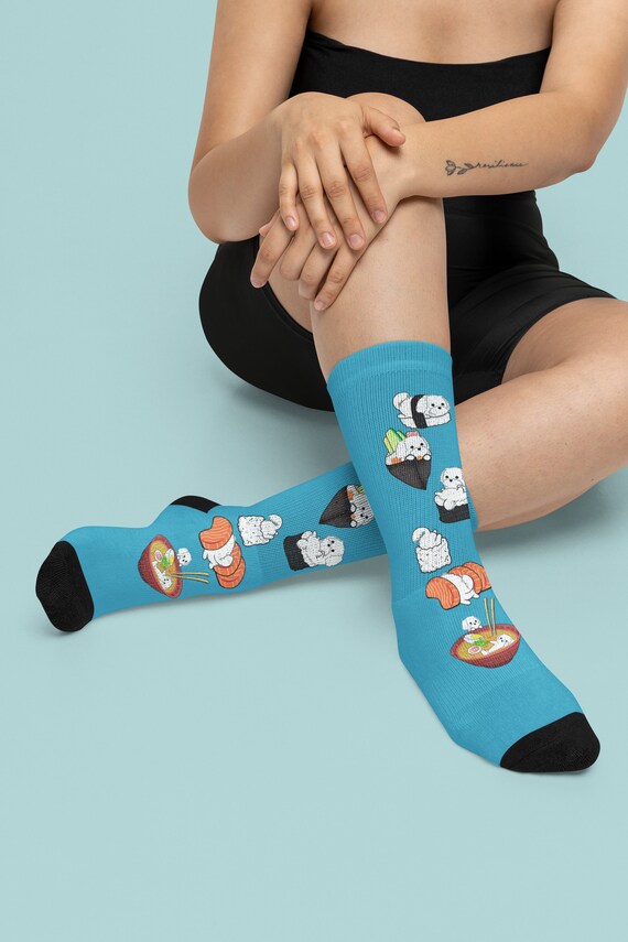 MALTESE SOCKS Cute Chubby Maltese Sushi Print Fun Animal Socks Gift for Maltese Dog Lover Cozy Footwear Unique Design by Bark Run