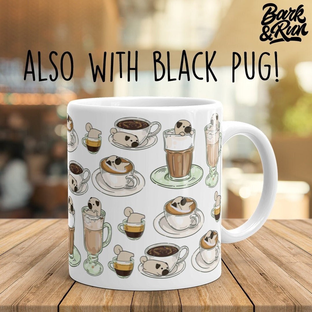 PUG MUG: Chubby Pug Pattern Art on White Glossy Ceramic Coffee Mug ...