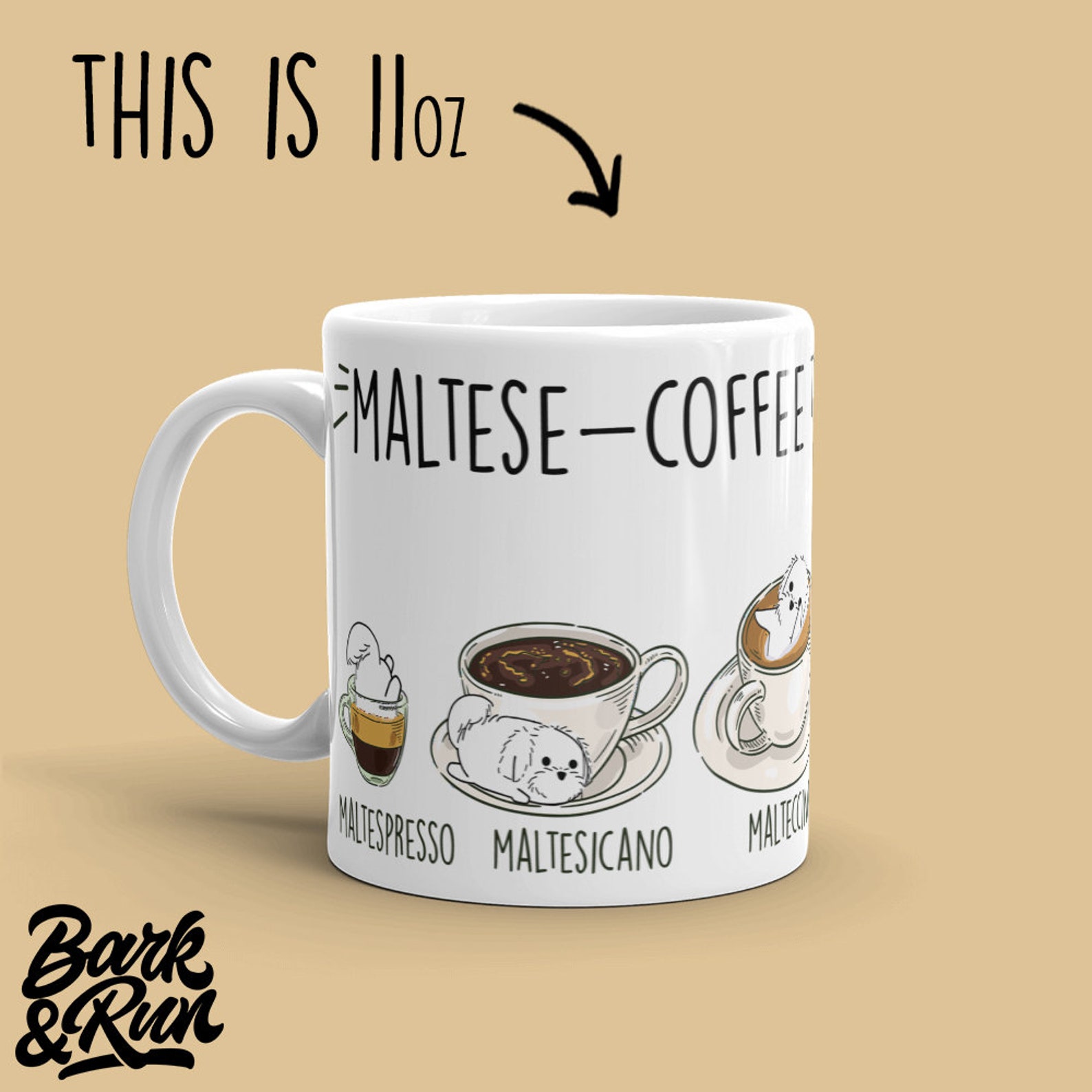 MALTESE MUG: Chubby Maltese COFFEE Art on White Glossy Ceramic Mug ...