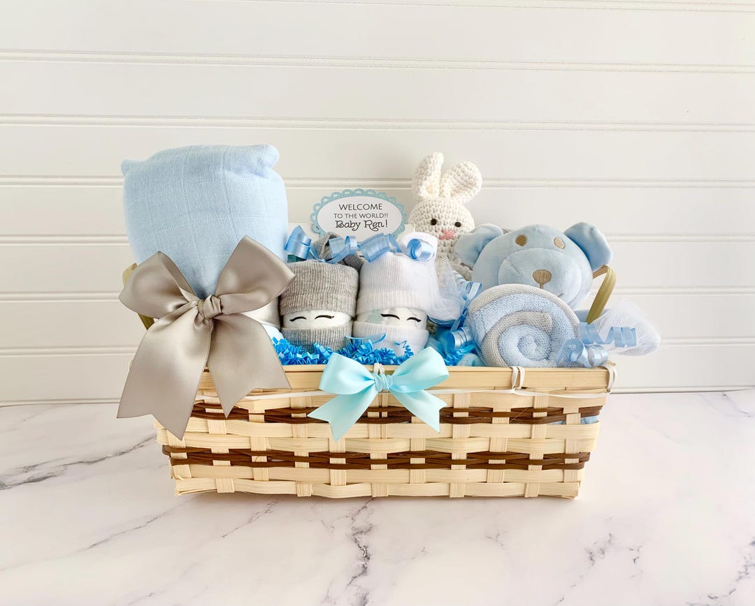 Baby Boy Gift Box Basket With Diaper Babies and Muslin Blanket, First ...