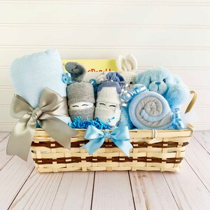 Baby Boy Gift Box Basket With Diaper Babies and Muslin Blanket, First ...