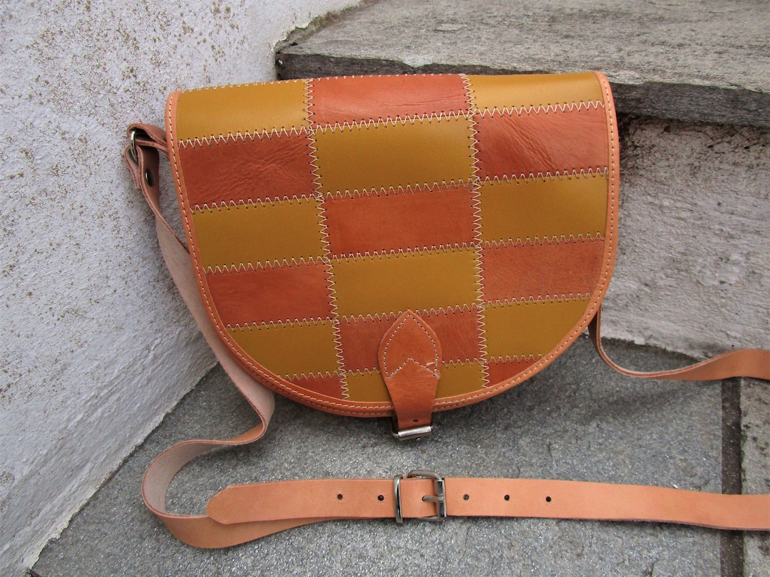 Vintage Leather Bag, Handcrafted Greek Leather Saddle Bag, Checkered ...