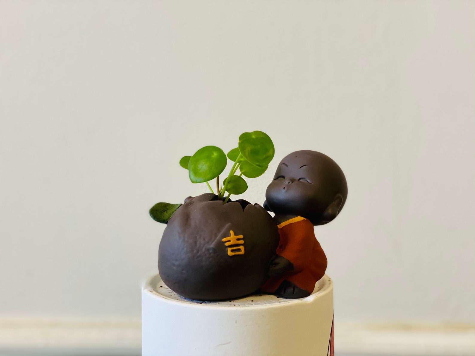 Little Monk Purple Sand Ceramic Figurines Planter With Live Plant Pilea ...