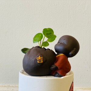 Little Monk Purple Sand Ceramic Figurines Planter With Live Plant Pilea ...