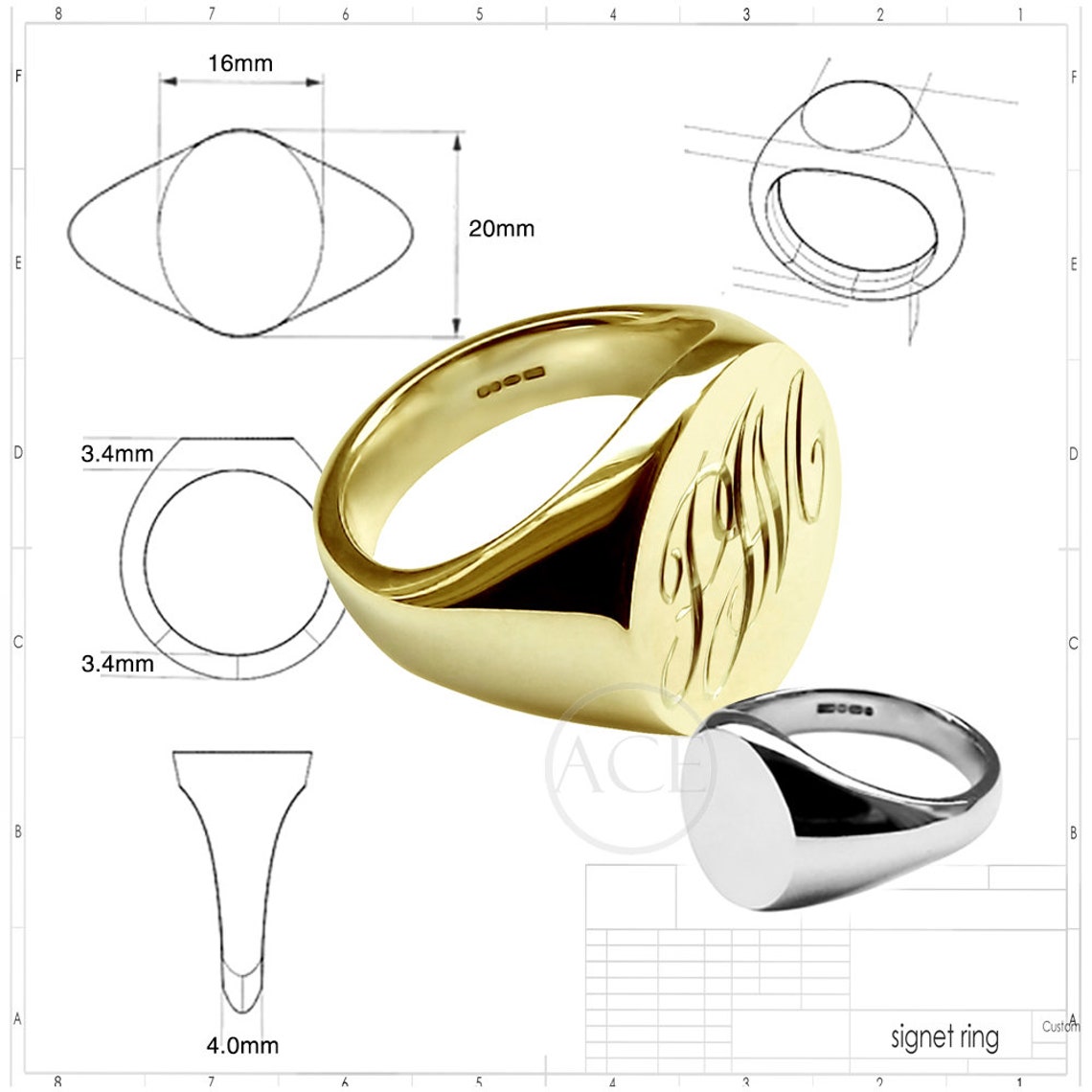 9ct Solid Gold Oval Signet Rings. Bespoke Monogramme | Etsy