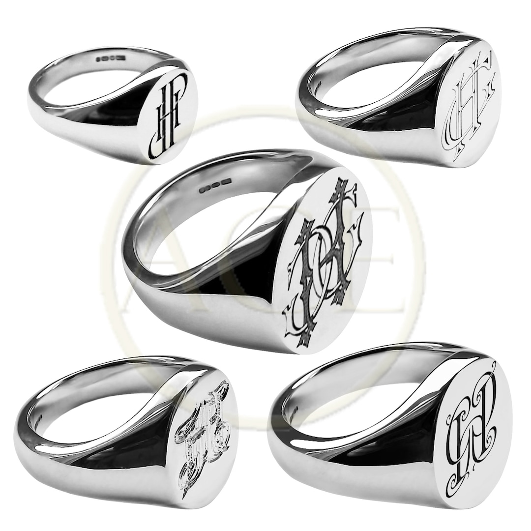 Monogrammed Hand Engraved 925 Solid Silver Oval Signet Rings. Bespoke ...