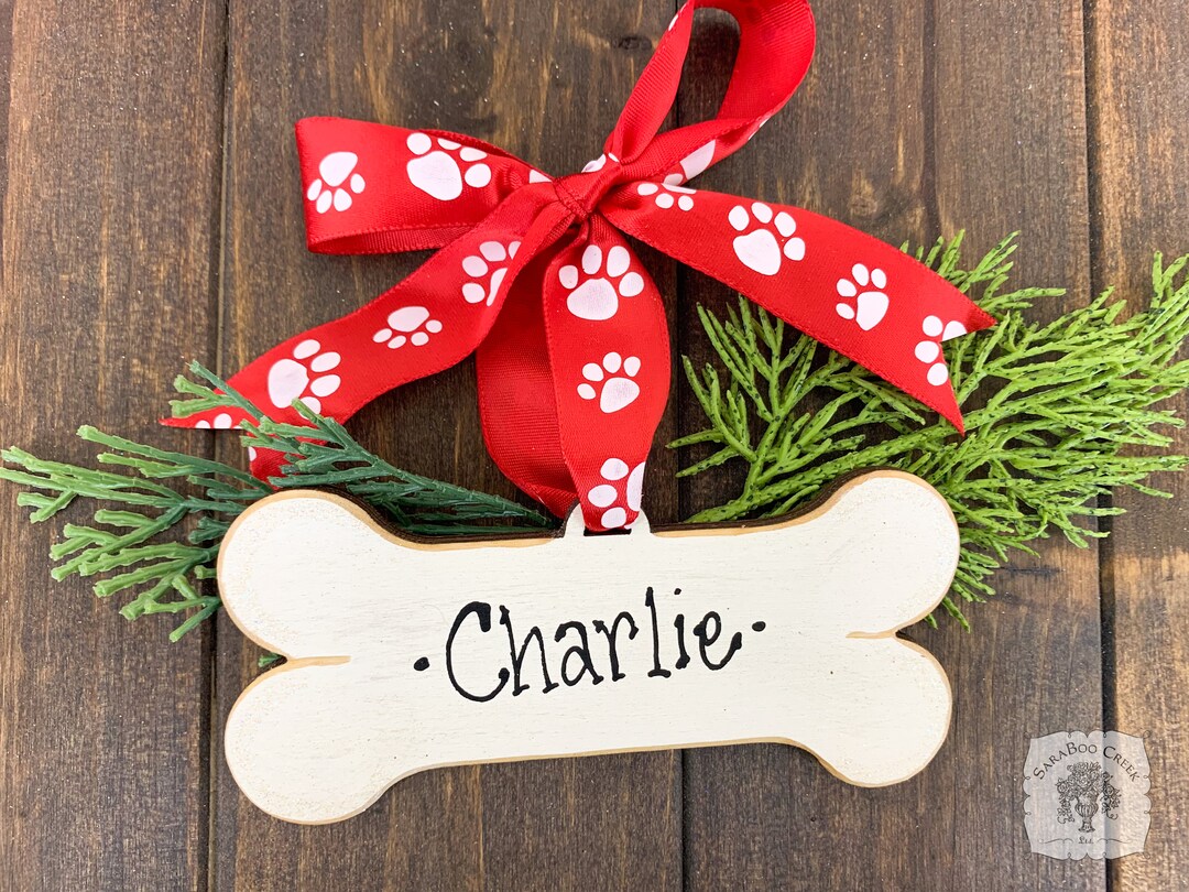 Personalized Dog Bone Ornament - Handmade Wood Bone Hung W/ Paw Print ...
