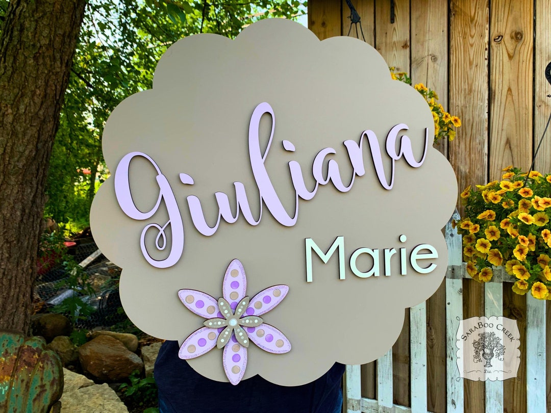 Baby Girl Nursery or Girls Room Name Sign With Flowers and Scalloped ...